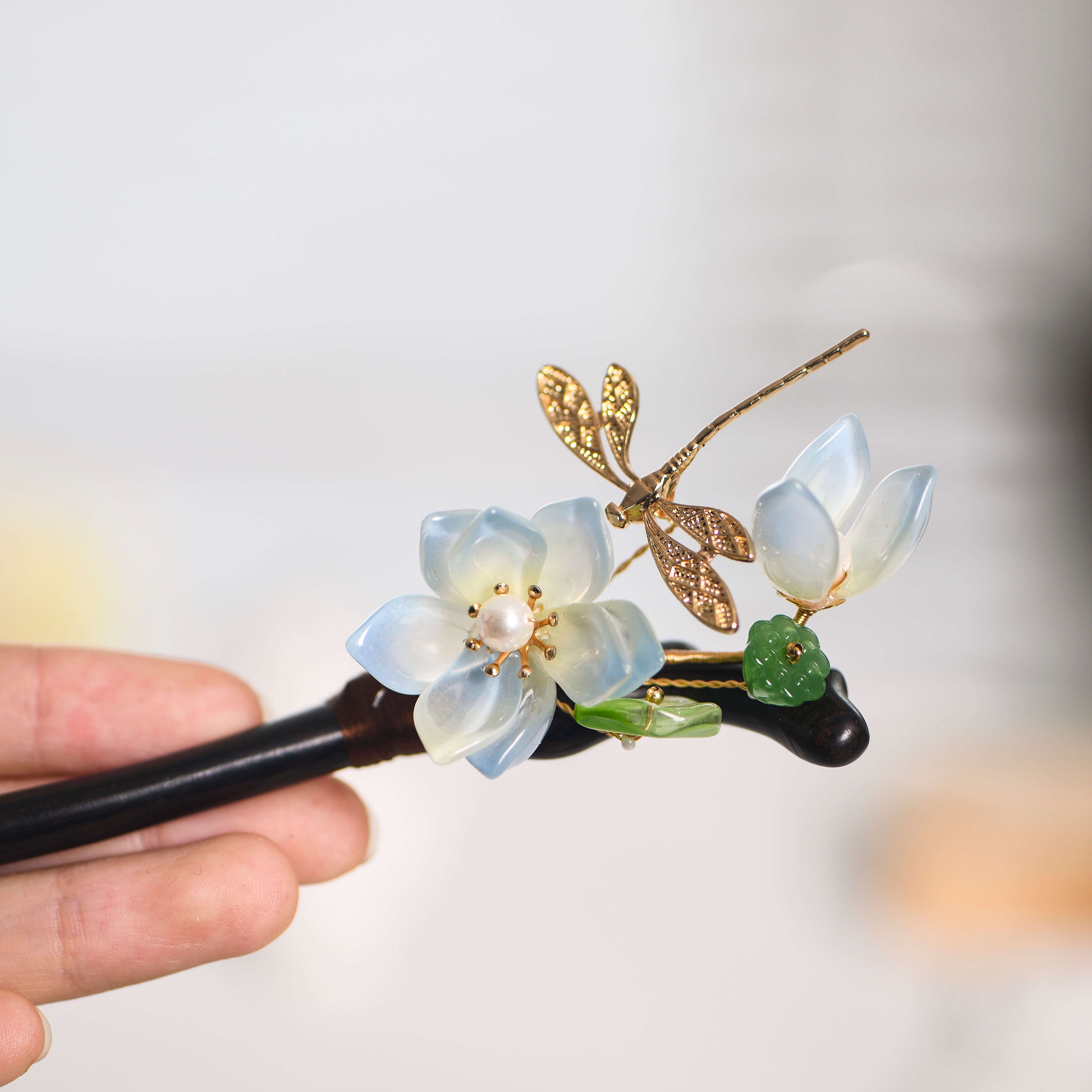 White Translucent Lotus Dragonfly Hair Stick, Waterlily Flower Wood ...
