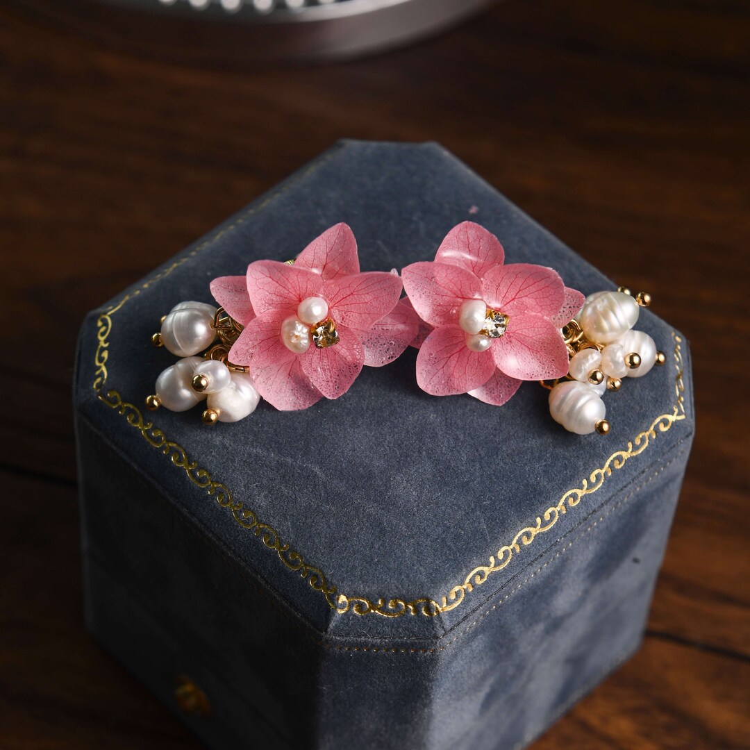 Tiana Pink Cherry Blossom Raindrop Earrings, Real Hydrangea Flower ...