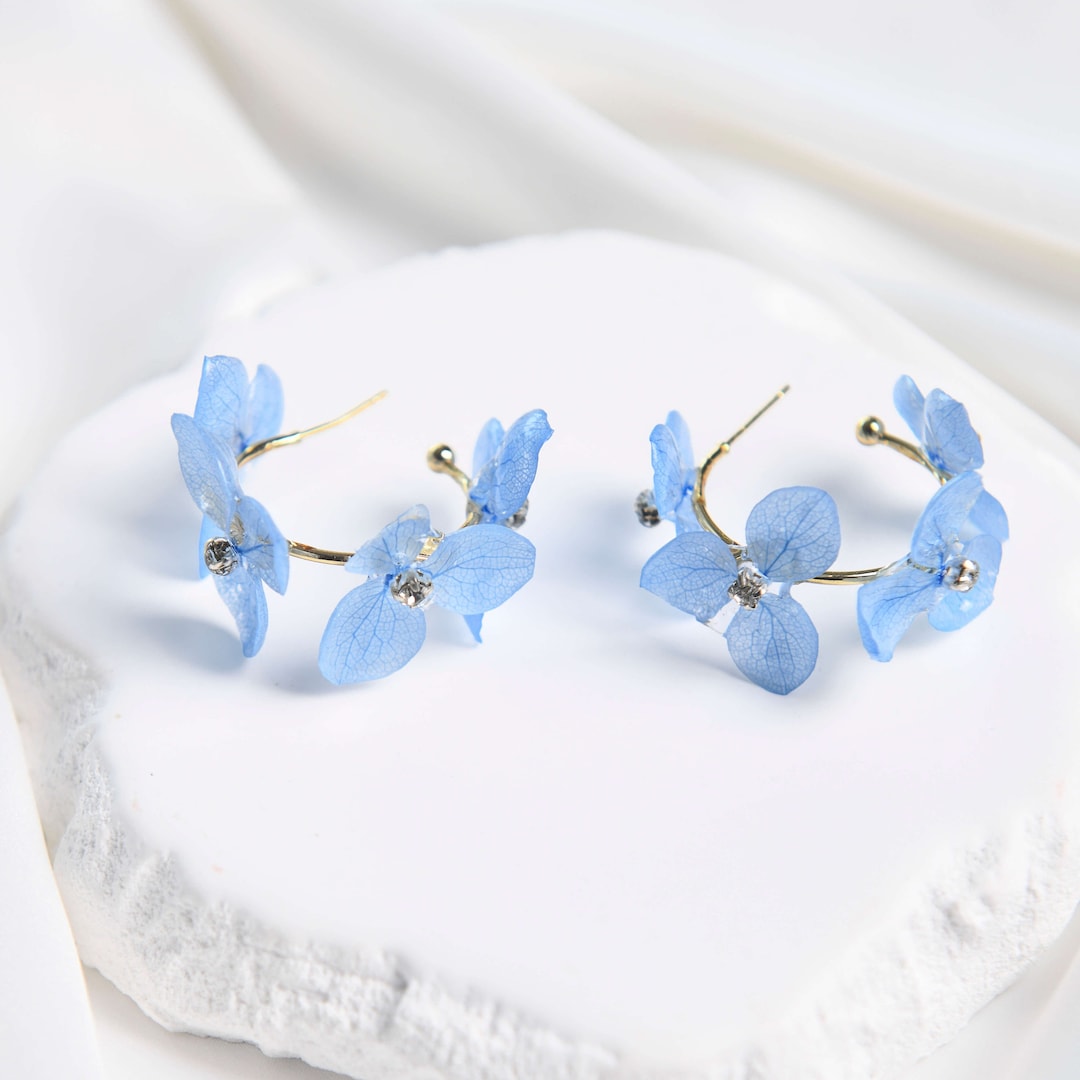 Blue Hydrangea Hoop Earrings, Real Flower Earrings, Wedding Flower ...