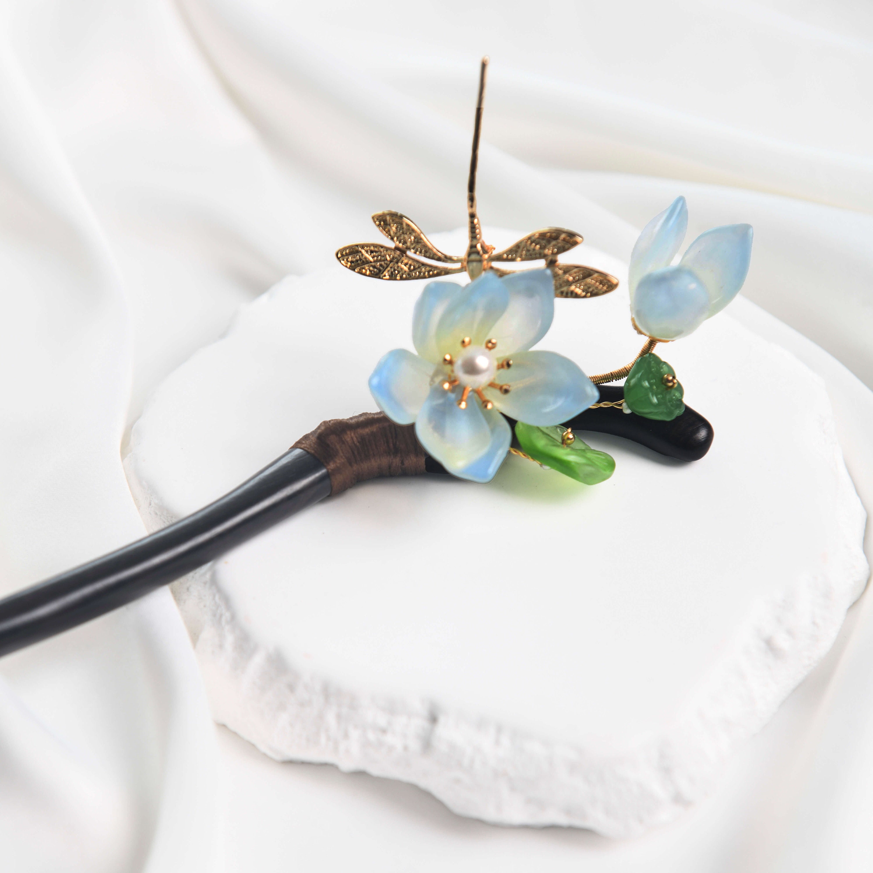 White Translucent Lotus Dragonfly Hair Stick, Waterlily Flower Wood ...