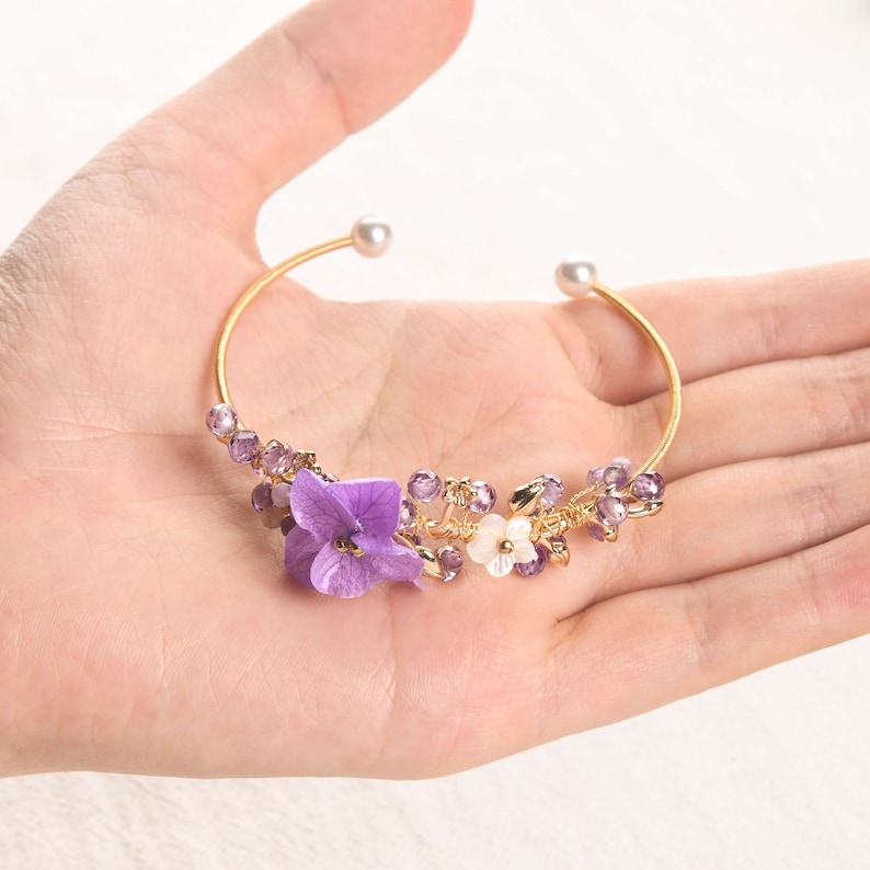 Crystal Gemstone Hydrangea Flowers Bangle Bracelet, Real Flower Hydrangea Flower Bracelet ...
