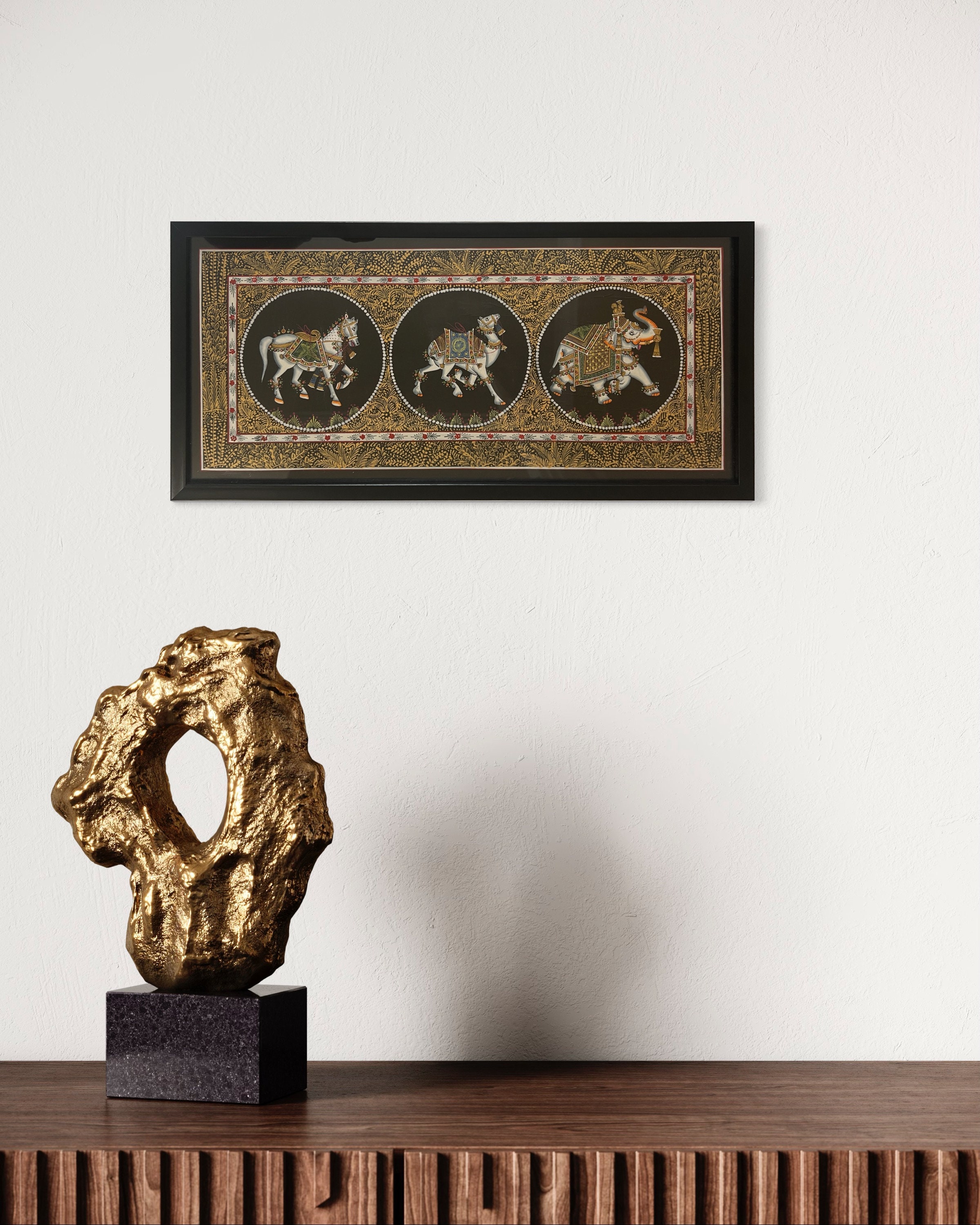 Indian Silk Hand Painting With FRAME: Elephant, Horse, Camel Symbols of ...