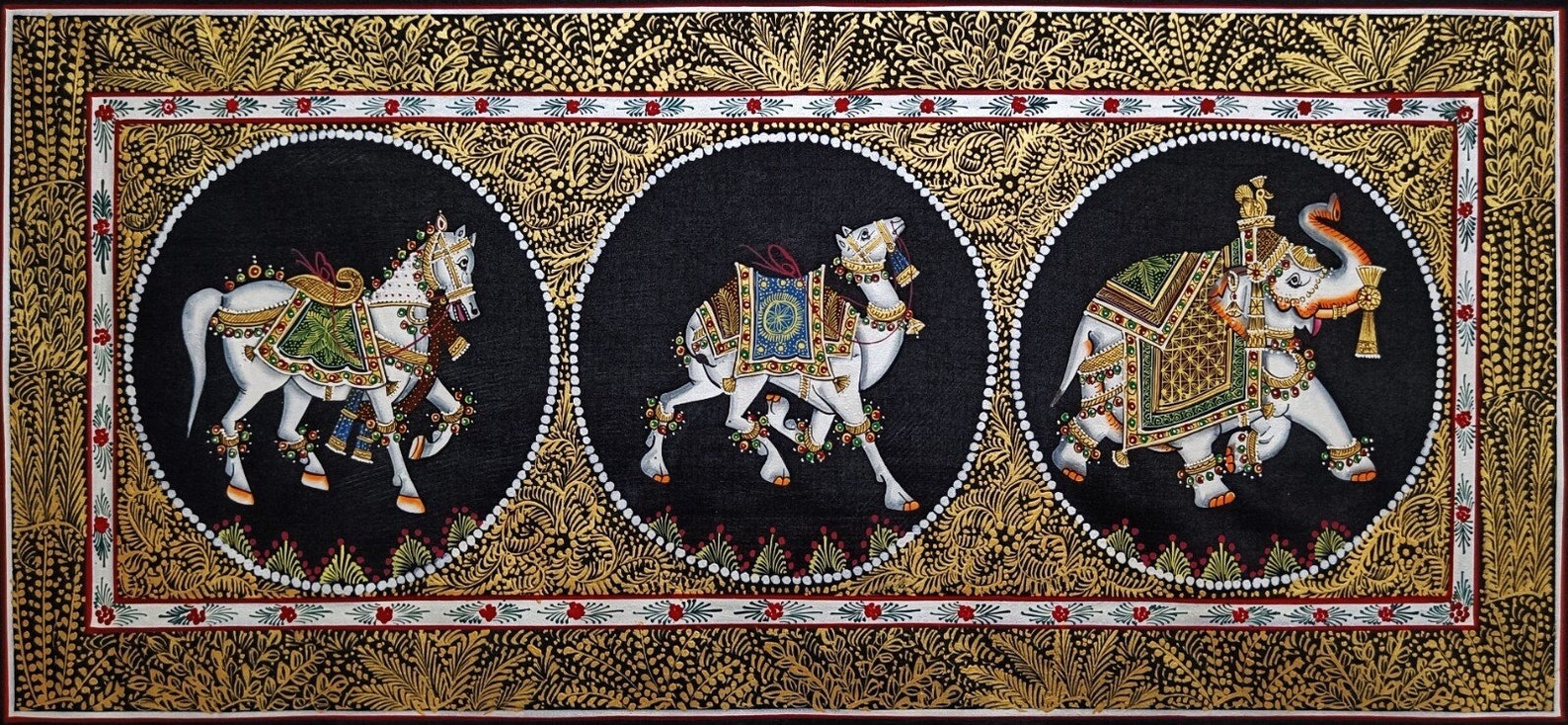 Indian Silk Hand Painting With FRAME: Elephant, Horse, Camel Symbols of ...