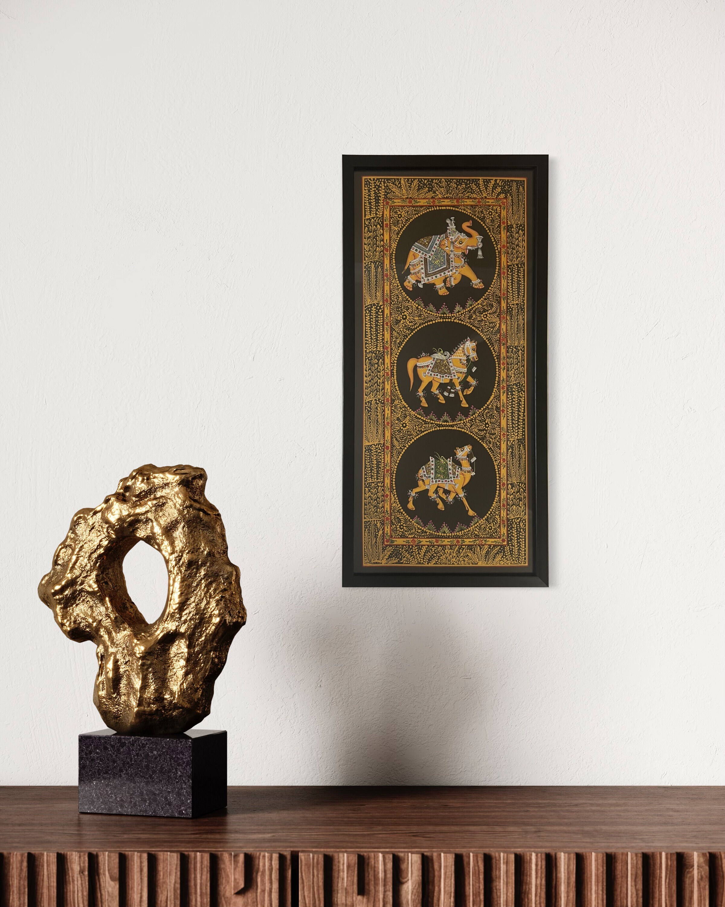 Handmade Indian Silk Painting: Elephant, Horse & Camel Procession - Etsy