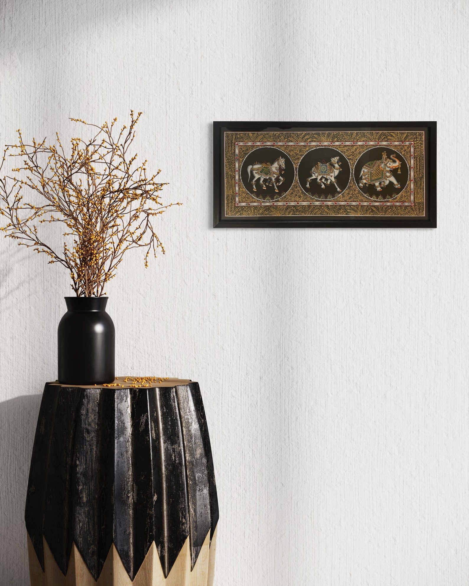 Indian Silk Hand Painting With FRAME: Elephant, Horse, Camel Symbols of ...