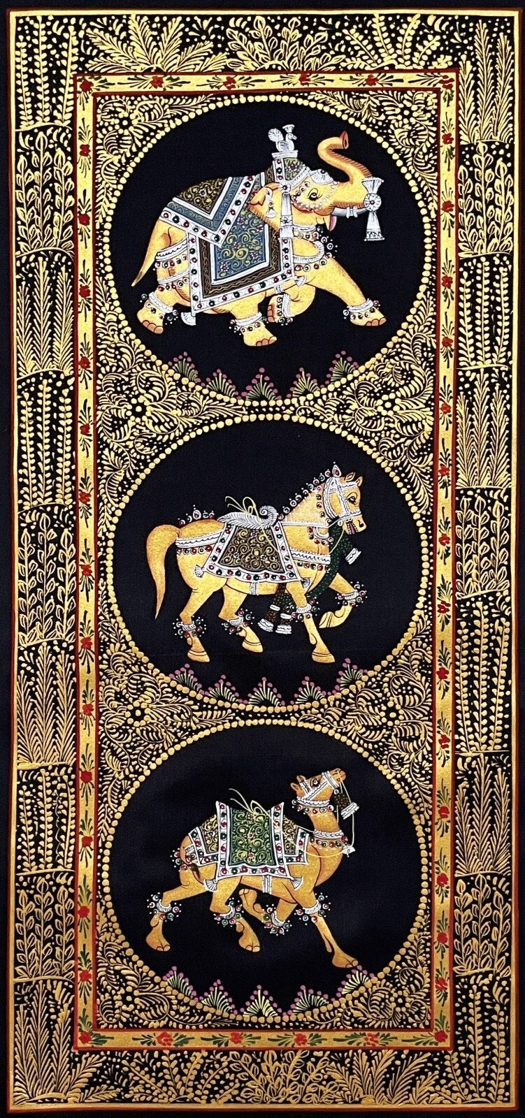 Handmade Indian Silk Painting: Elephant, Horse & Camel Procession - Etsy