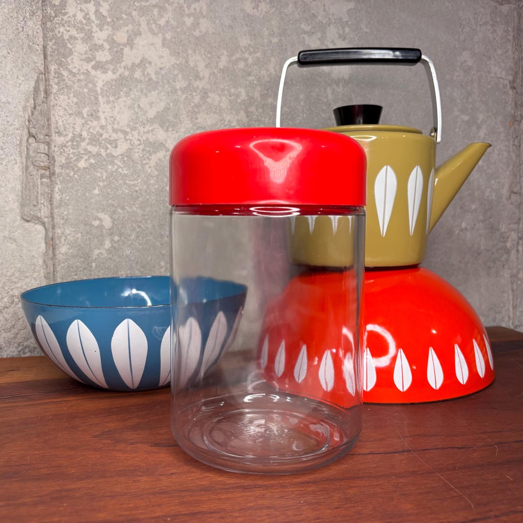 Vintage Heller Design Glass Canister, Red Lid, Massimo Vignelli ...