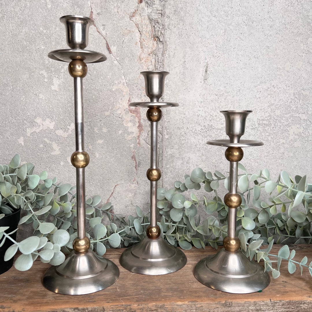 Retro Brass & Silver/stainless Steel Candle Stick Holders, Set of Three ...
