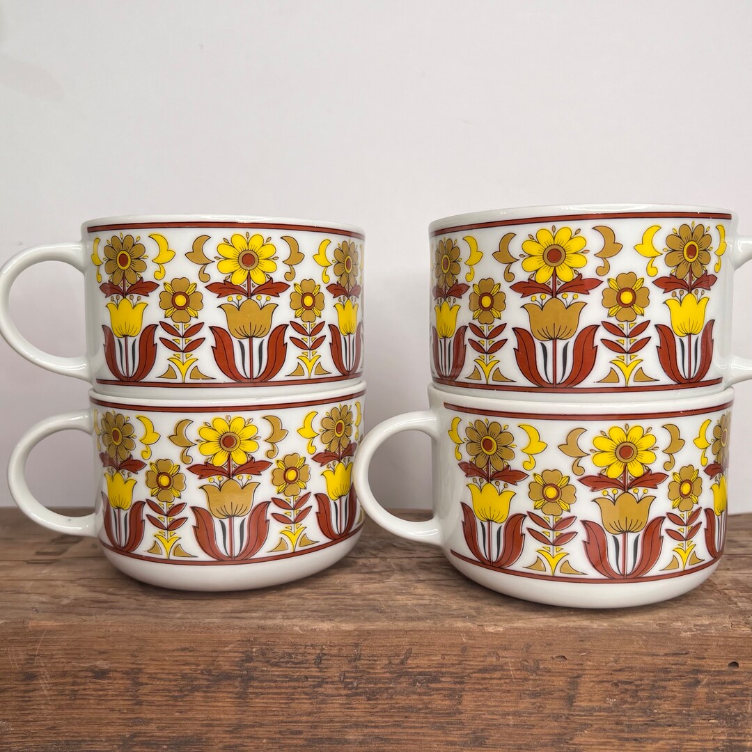 Vintage Flower Power Mugs, Soup Mugs, Tea and Coffee, Vintage Kitchen ...