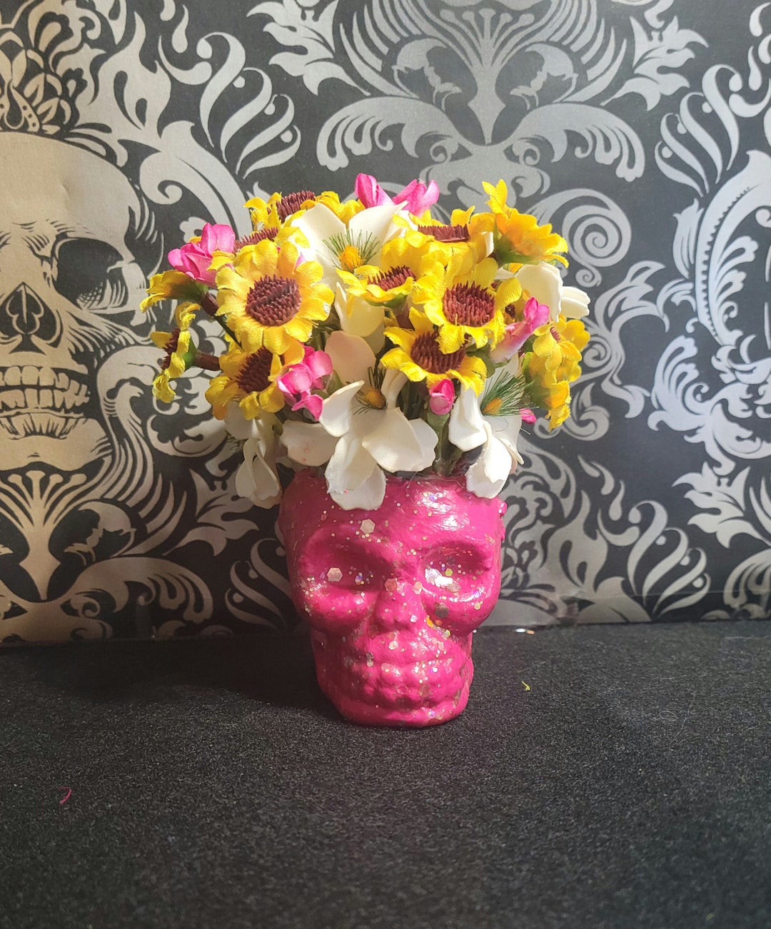 Mini Dark Pink Sparkly Floral Skull - Etsy