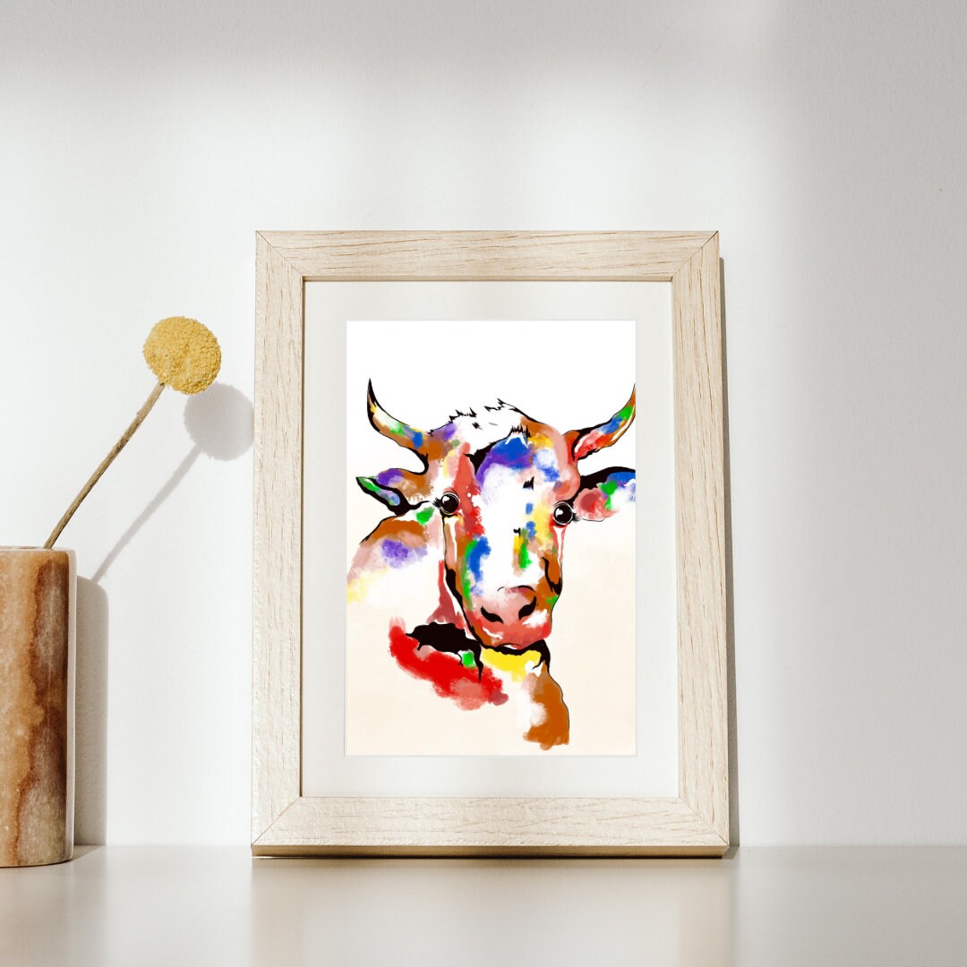 Cow Art Print, Cow Painting, Watercolor Cow Print, Colorful Abstract ...