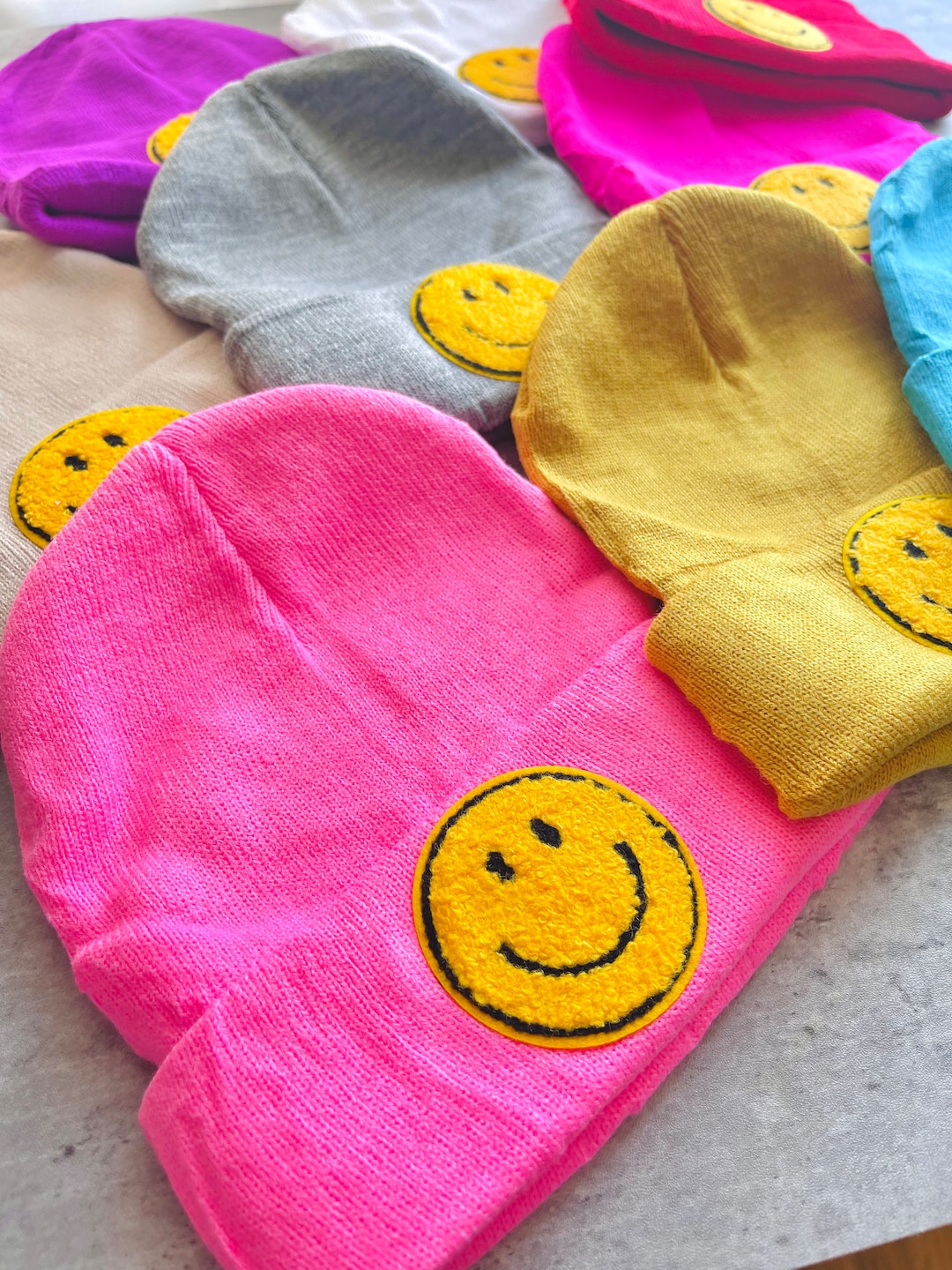 Happy Smiley Face Patch Beanie, Happy Face Knitted Winter Beanie, Warm ...