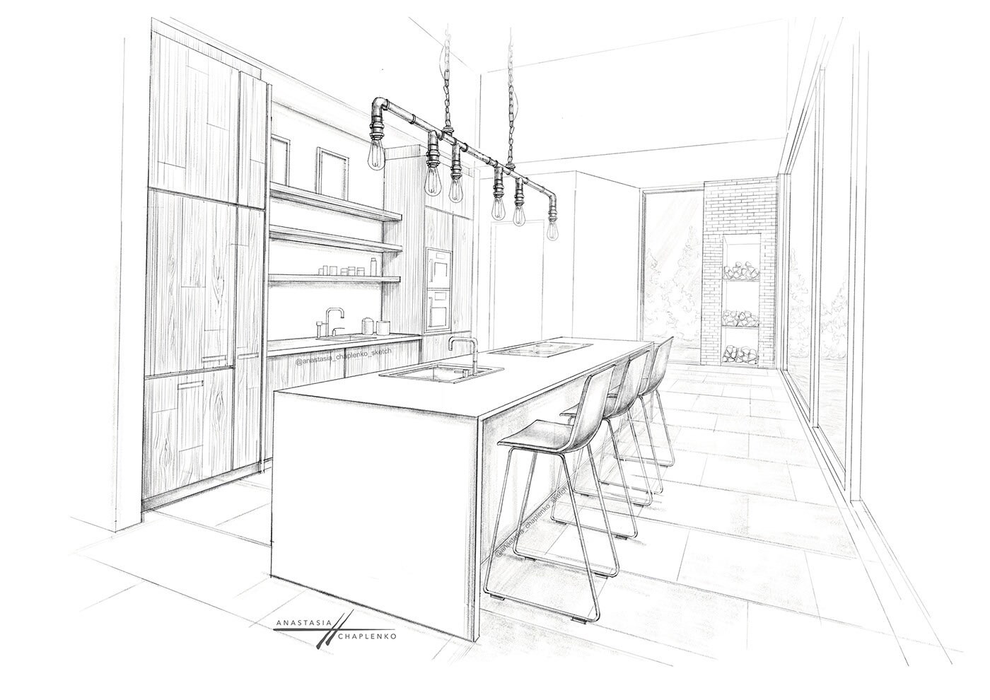Custom Interior Hand Rendering in a Sketch Style, Digital Visualization ...
