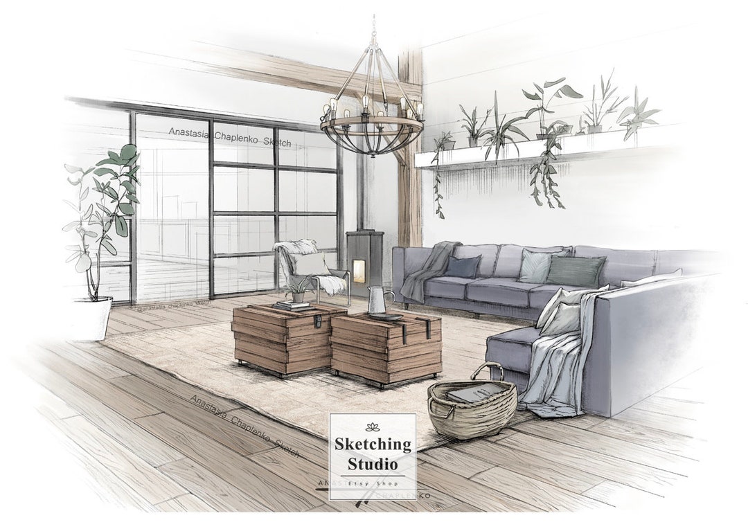 Custom Interior Hand Rendering in a Sketch Style Digital - Etsy