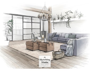 Custom Interior Hand Rendering in a Sketch Style, Digital Visualization ...