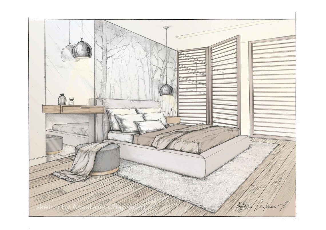 Custom Interior Hand Rendering in a Sketch Style, Digital Visualization ...