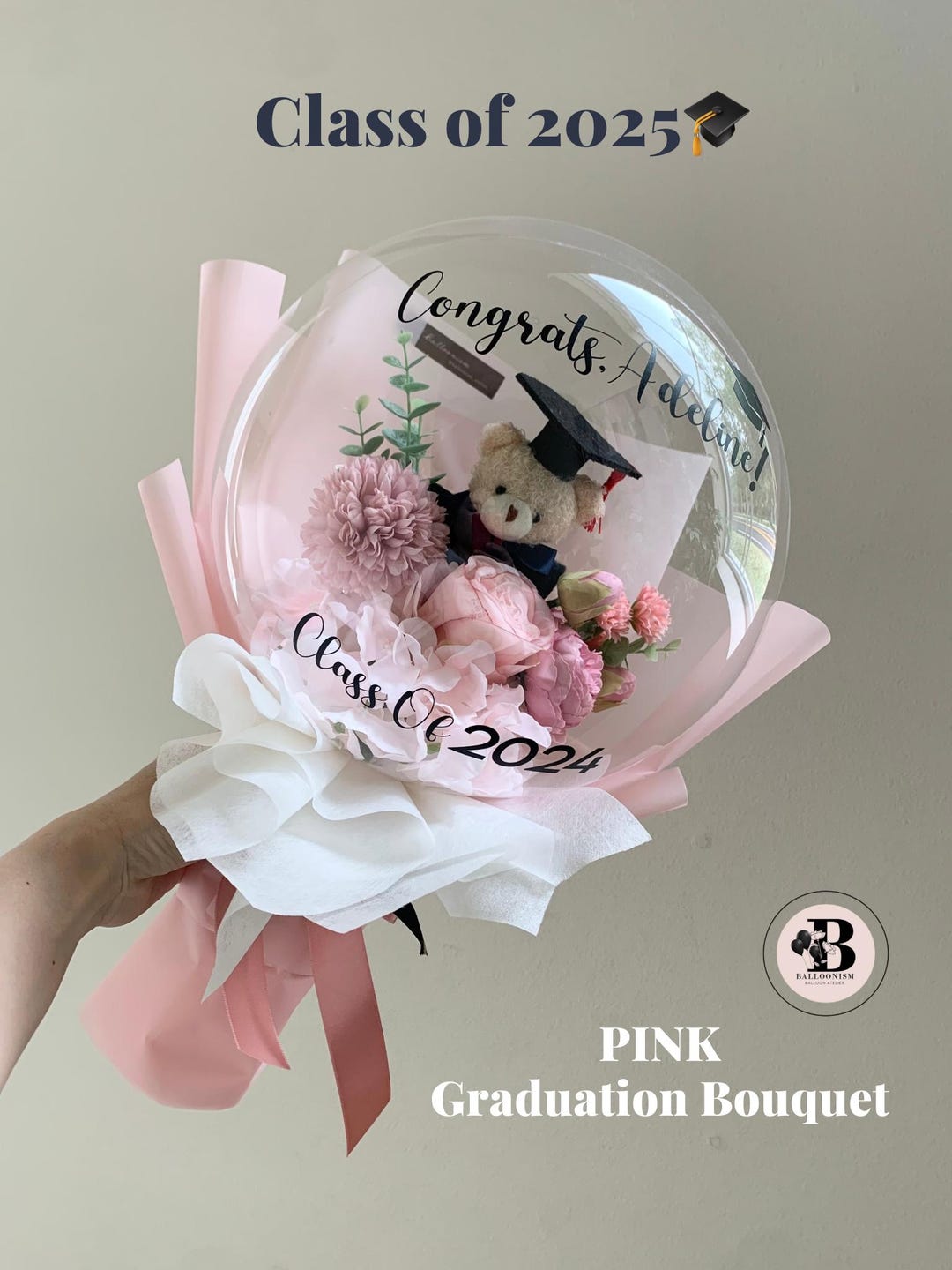 Graduation Bouquet: Pink Flower Arrangement, Flower Balloon, Personalized Gift, Flower Bouquet ...