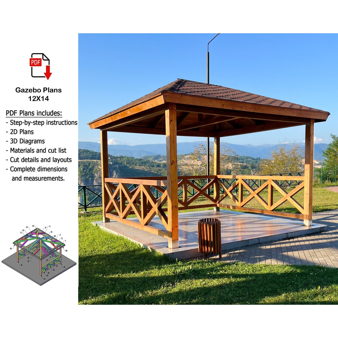 Planos de pabellón 12X14, Planos de Gazebo, Planos de pabellón de ...