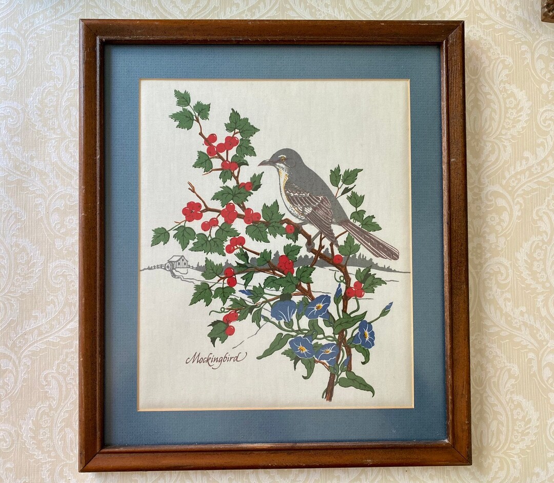 VINTAGE Framed/ Matted Mockingbird Sewing Panel Printed on - Etsy
