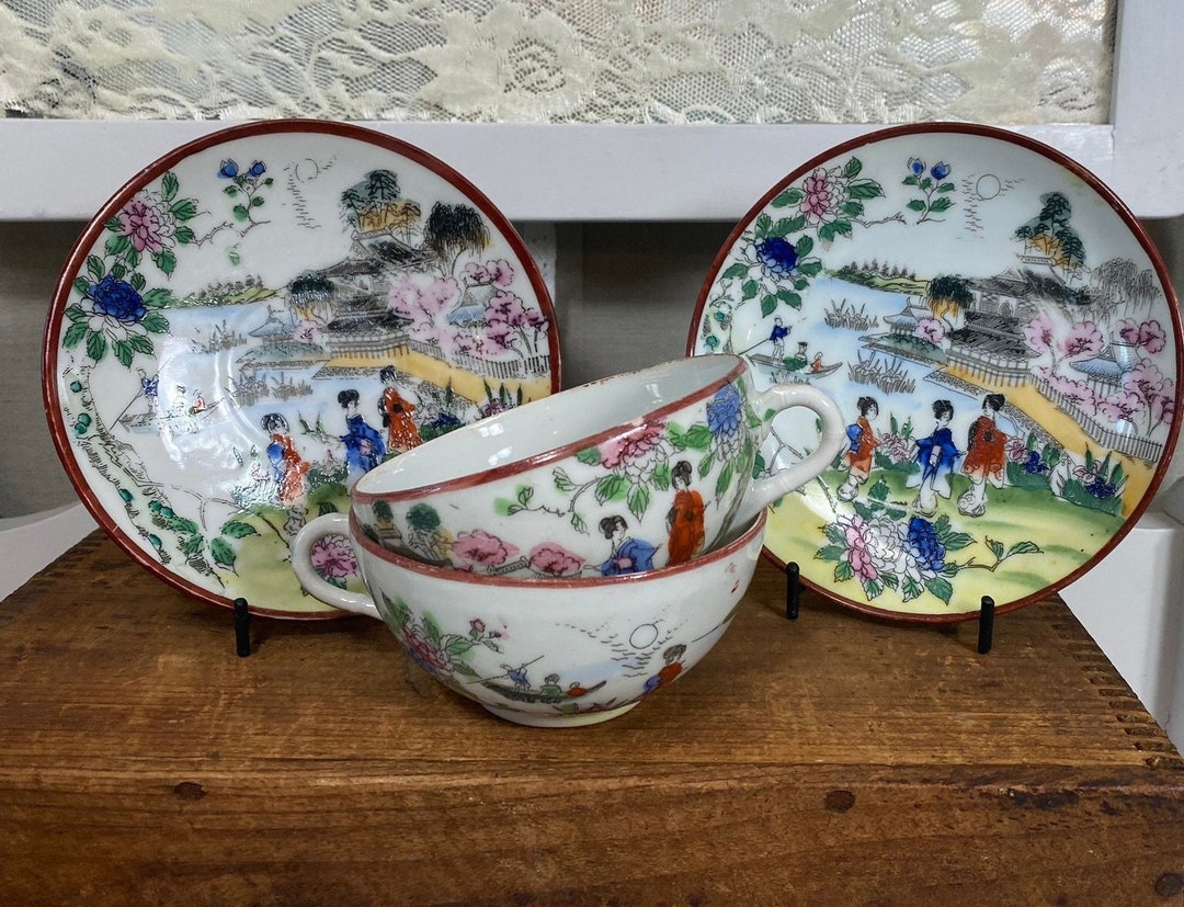 VINTAGE Japanese Porcelain Cup and Saucer SET Handpainted 2 Available ...