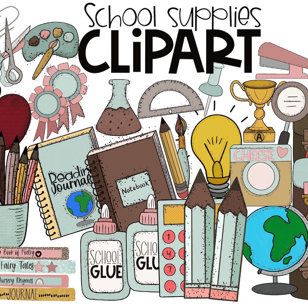 Pastel School Supplies Clipart: Teacher Stickers, Planner Graphics ...
