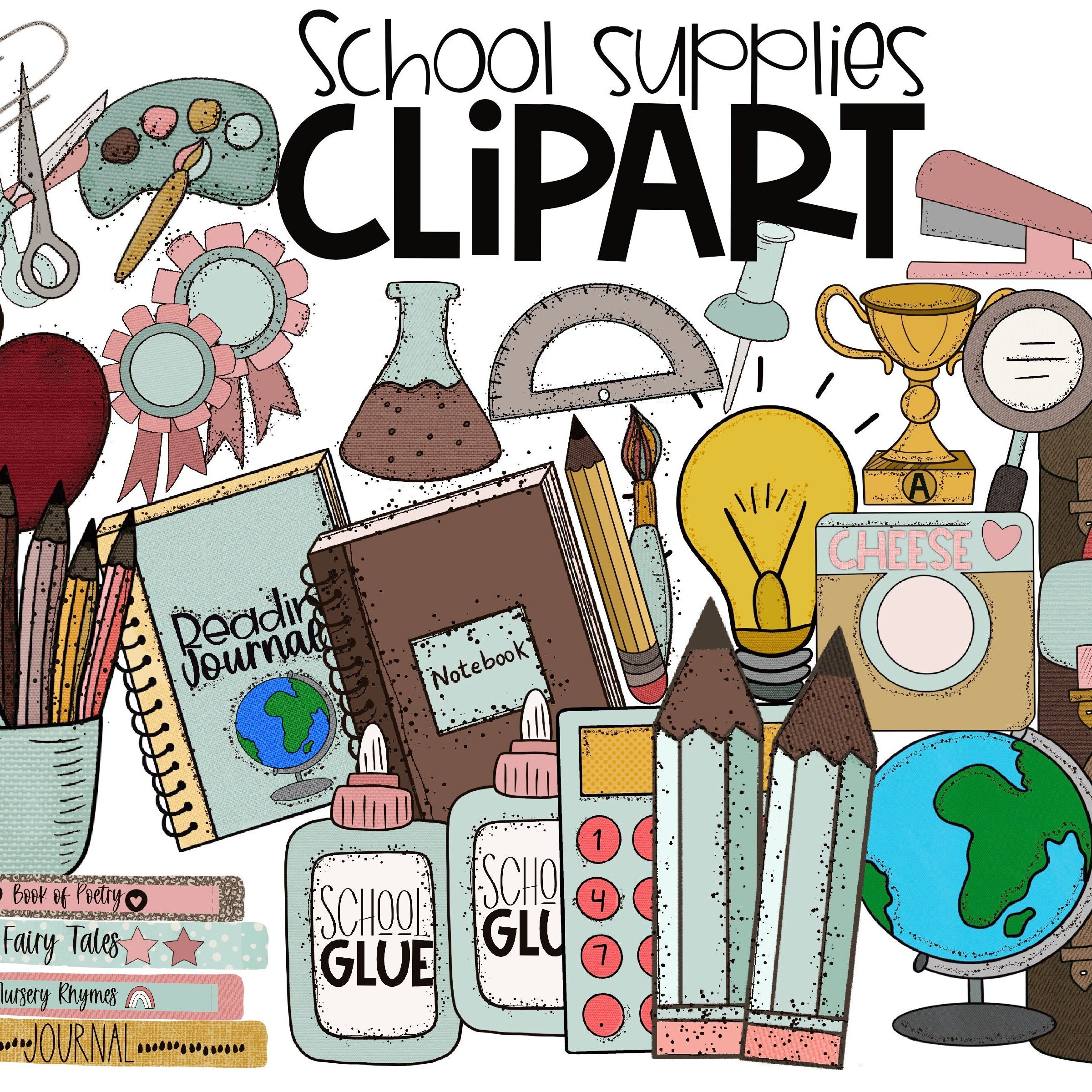 Pastel School Supplies Clipart: Teacher Stickers, Planner Graphics ...