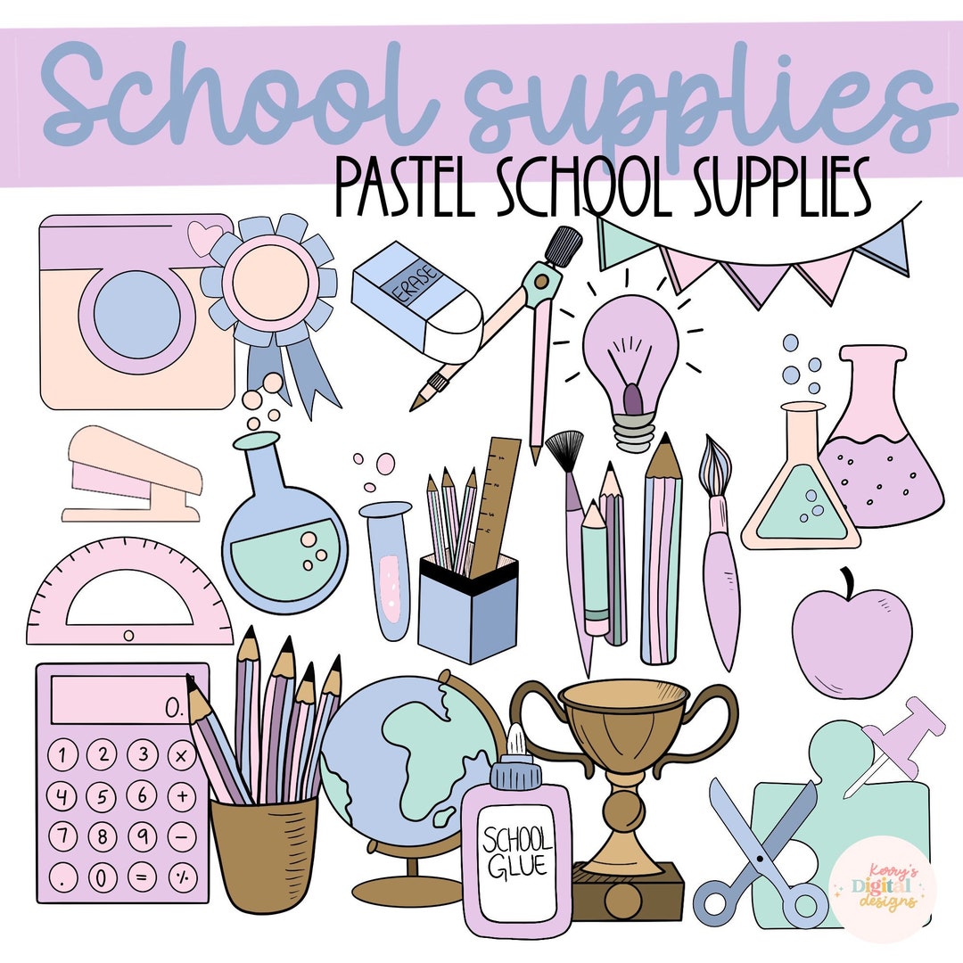 Pastel School Supplies Clipart | Teacher Digital Stickers | Pngs Only ...