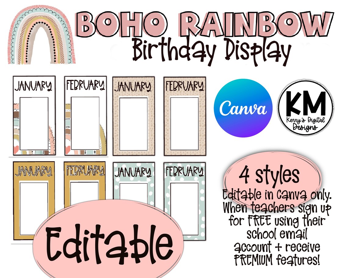 EDITABLE Boho Rainbow Birthday Display Classroom Decor - Etsy