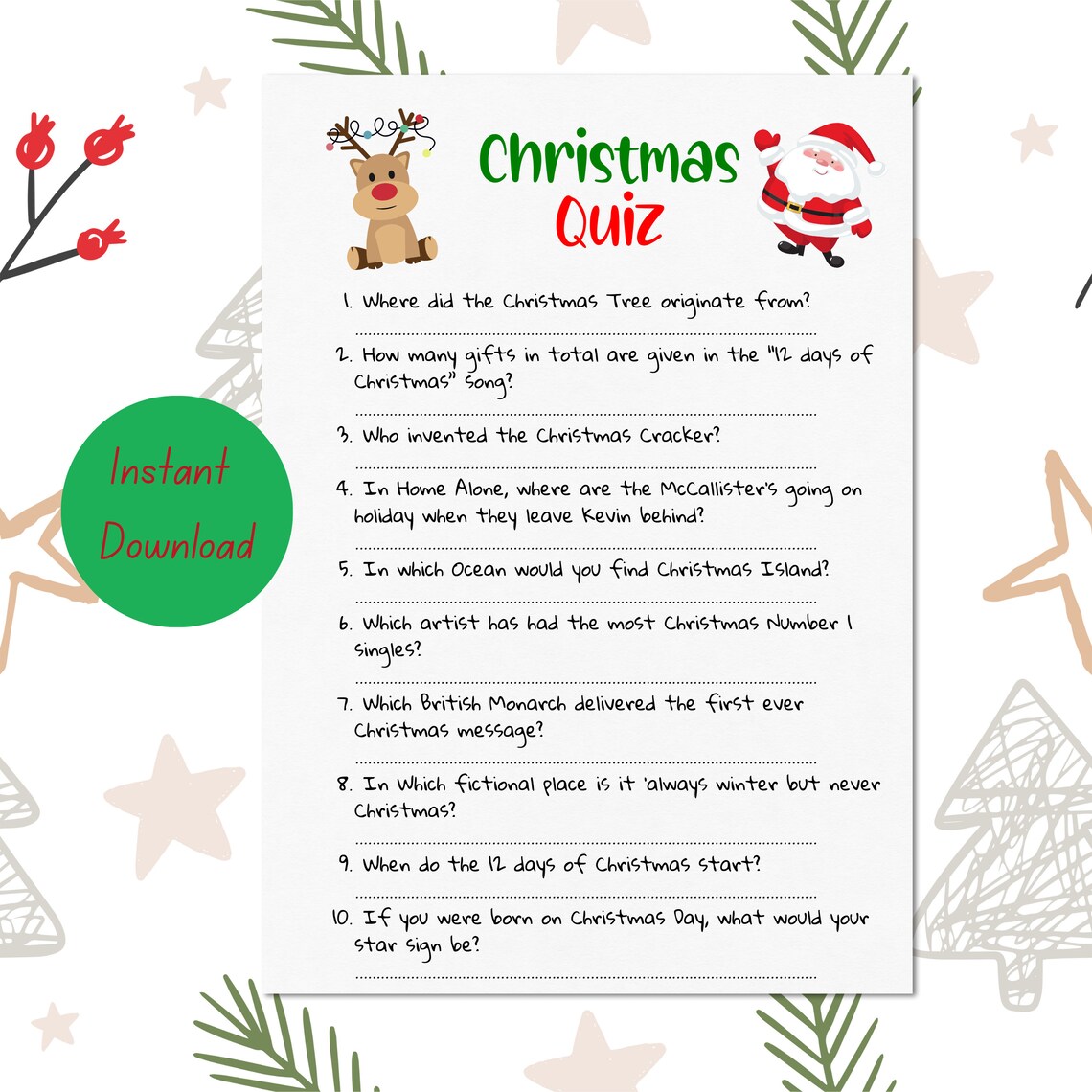 Christmas Quiz, Christmas Downloadable Quiz, Family Christmas Quiz ...