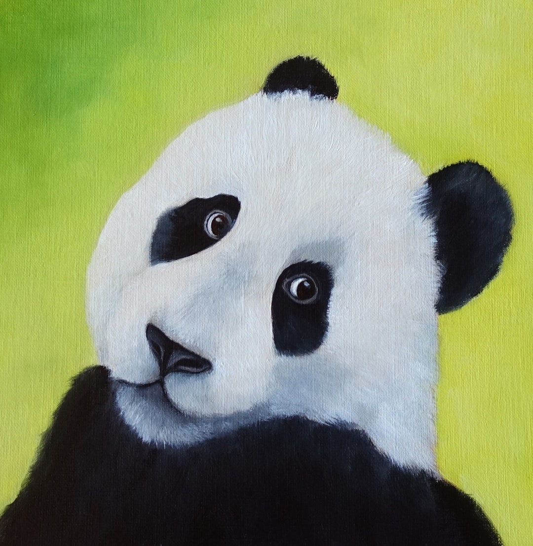 Cute Panda Original Oil Painting, Panda Bear Artwork, Panda Cub Hand ...