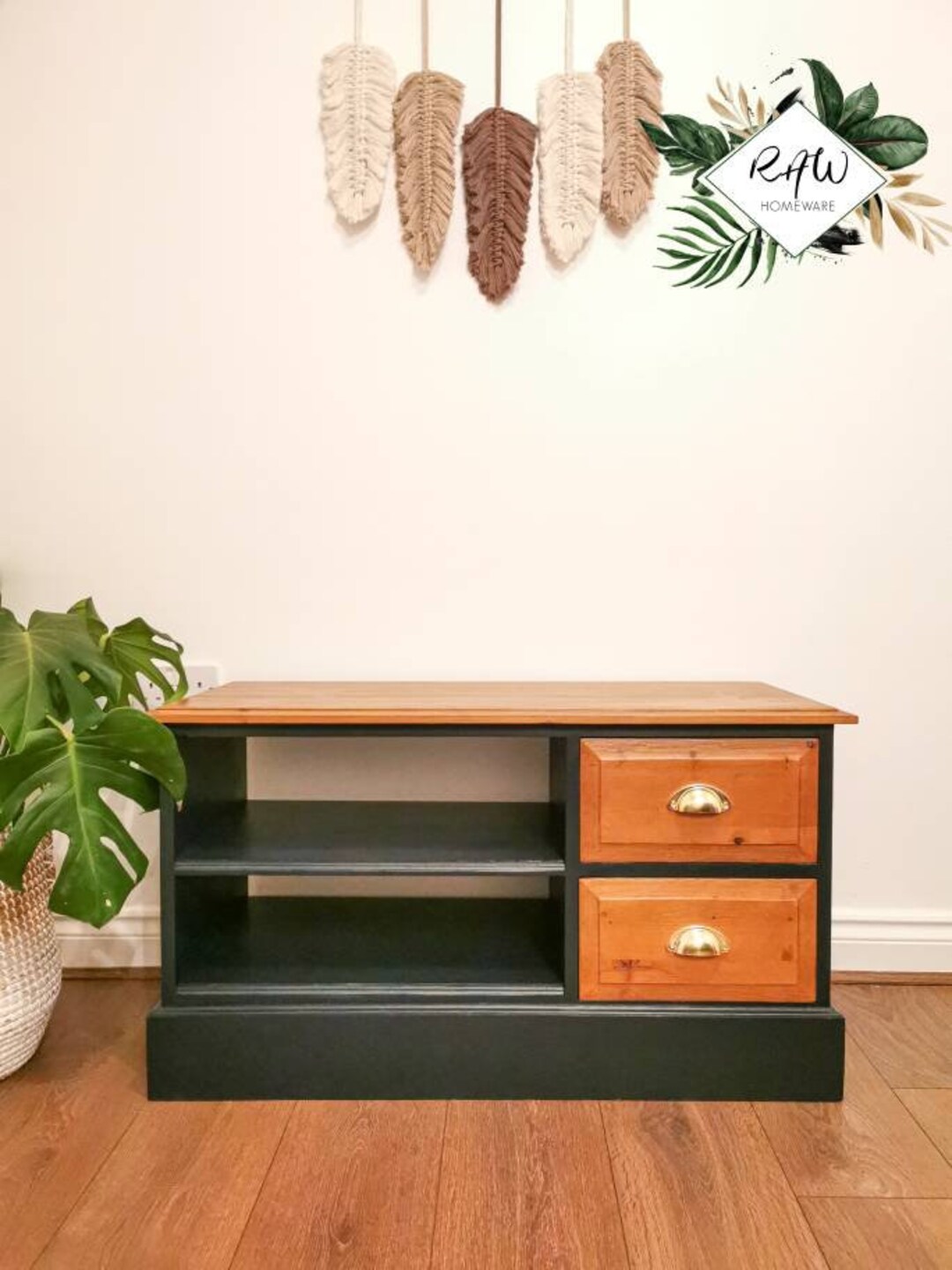 Navy Blue & Walnut Finish TV Unit - Gold Pull Handles - Paper Lined ...