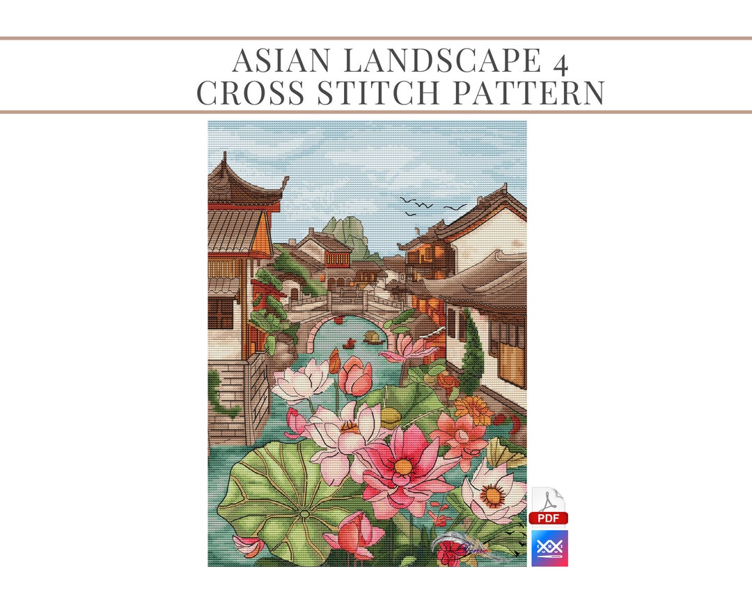 Asian Landscape Cross Stitch Pattern: Lotus Pond (PDF Pattern) - Etsy
