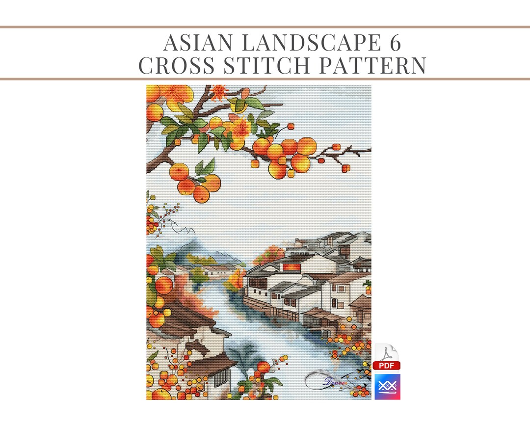 Asian Landscape Cross Stitch Pattern: Embroidery Tutorial (PDF) - Etsy