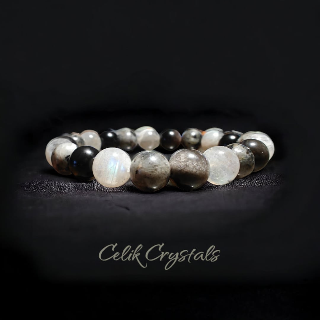 Labradorite & Silver Obsidian Bracelet: Natural Stone Crystal Healing ...