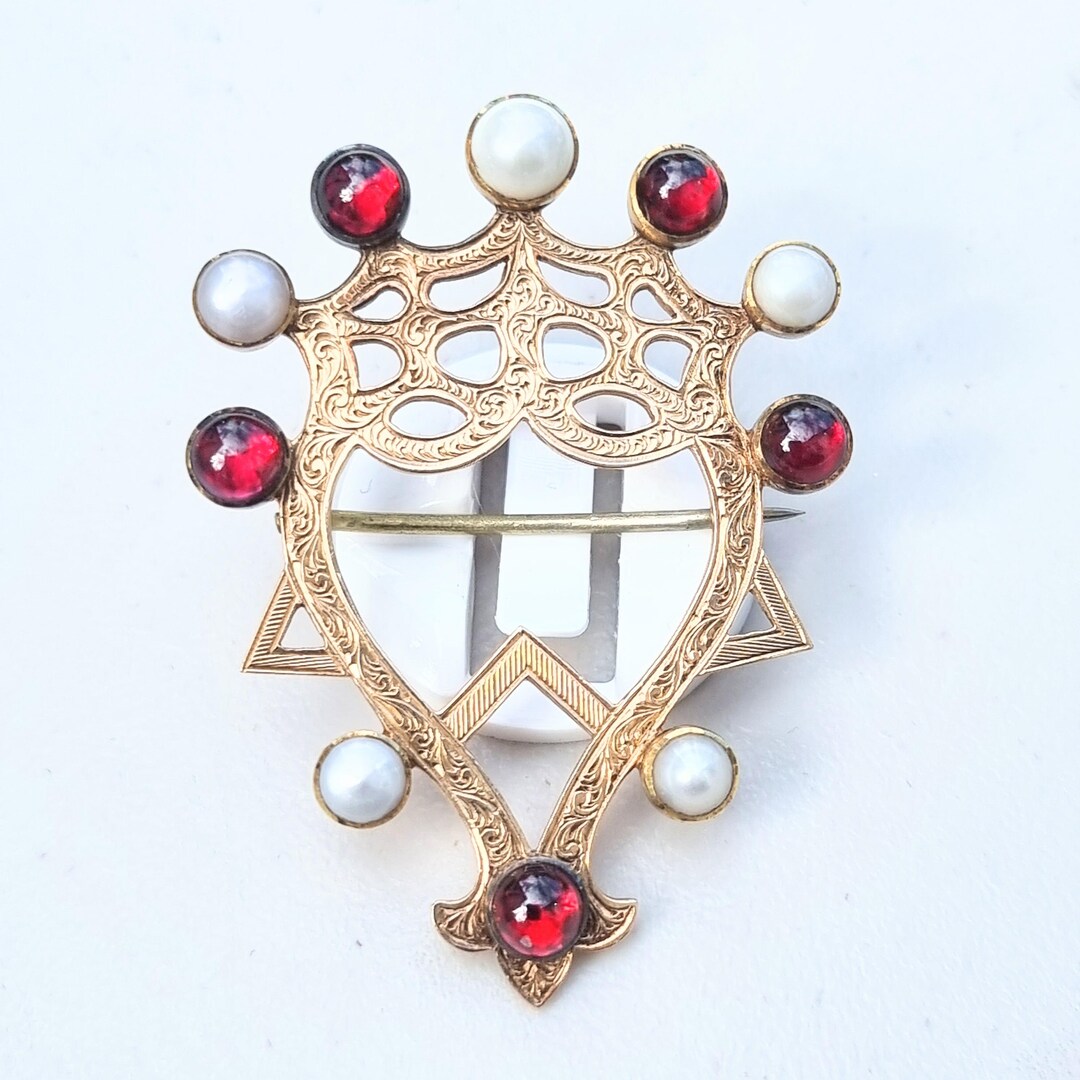 Antique Scottish Garnet & Pearl Brooch, Luckenbooth Style. GOR/1494 - Etsy