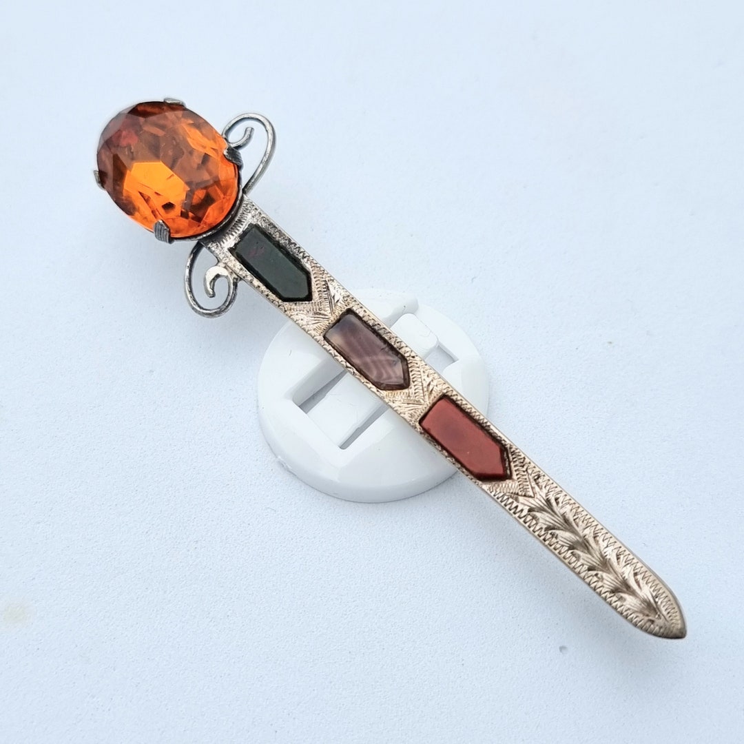 Scottish Sword Brooch, Agates, Vintage, Sterling Silver, 1950s. OR/1172 ...