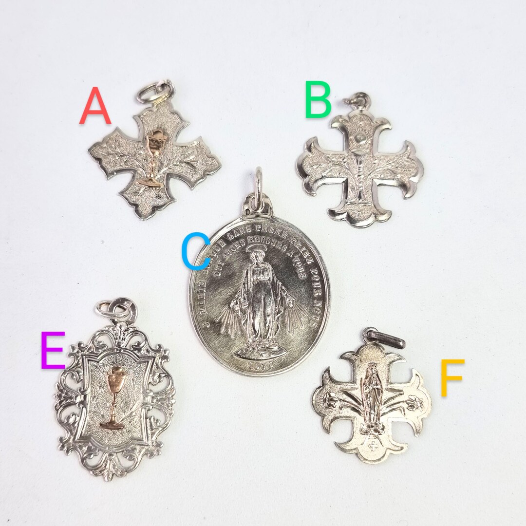 Vintage French Silver Religious Medals: 1st Communion, Lourdes. EO/1573 ...
