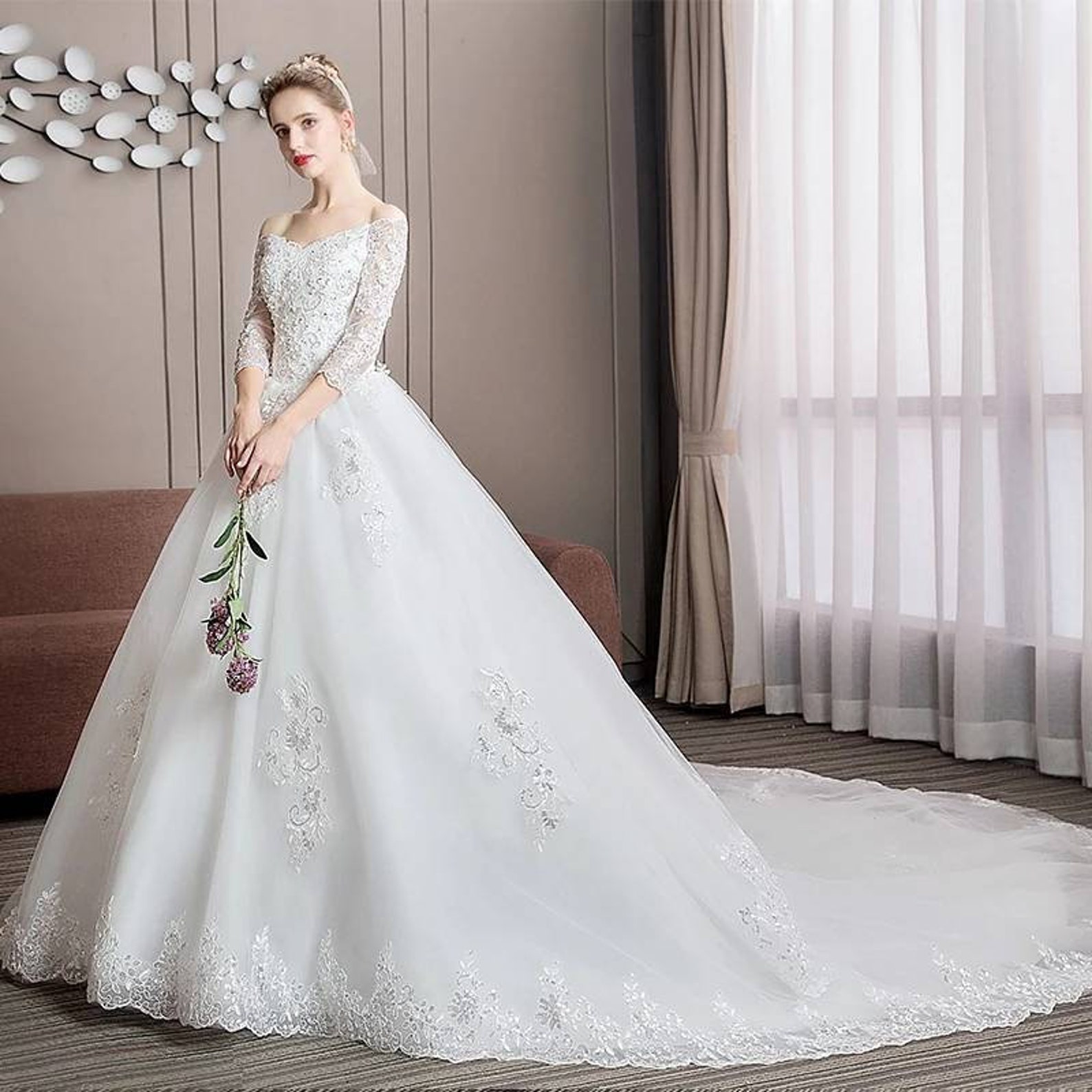 Beautiful Long Tail Half Sleeve Wedding Dress / Princess - Etsy