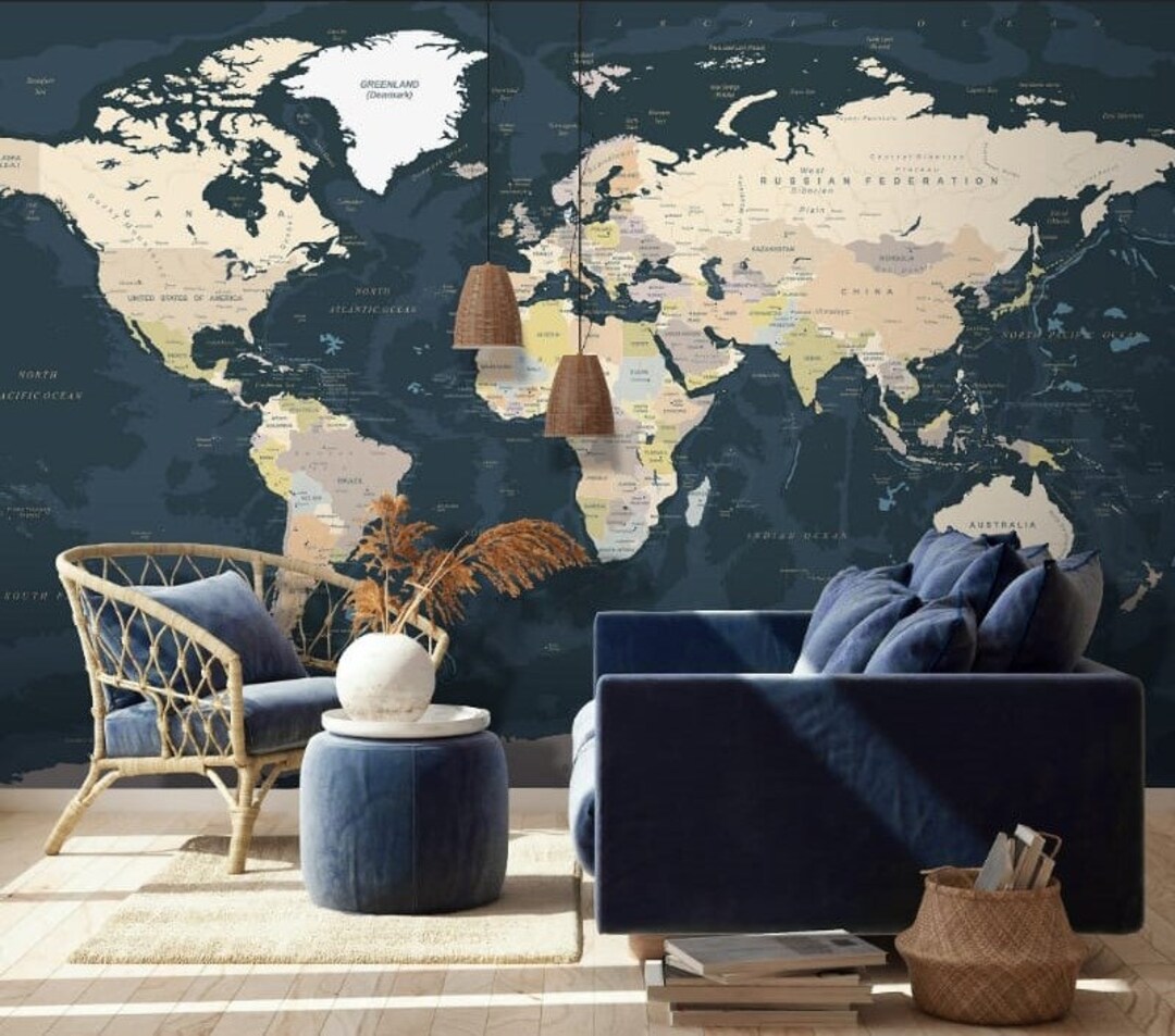 World Map Wall Paper Modern Wall Mural Wall Paper - Etsy