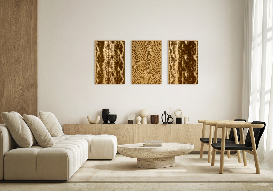 Elegant 3-piece Oak Wall Art - Golden Oak Relief Panels With Sea ...