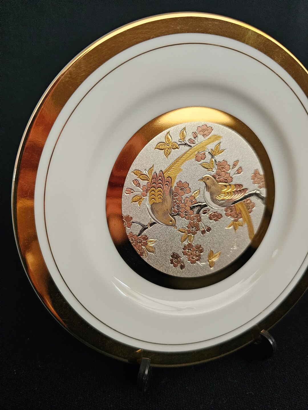 Art of Chokin Plate, 24k Gold Edged, Fine Porcelain With Stand, Made in ...