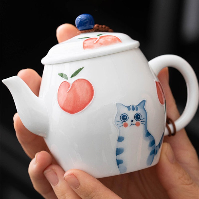 Cute Cat Peach Teapot Set, Hand Painted, High Temperature Ceramic, 5 ...