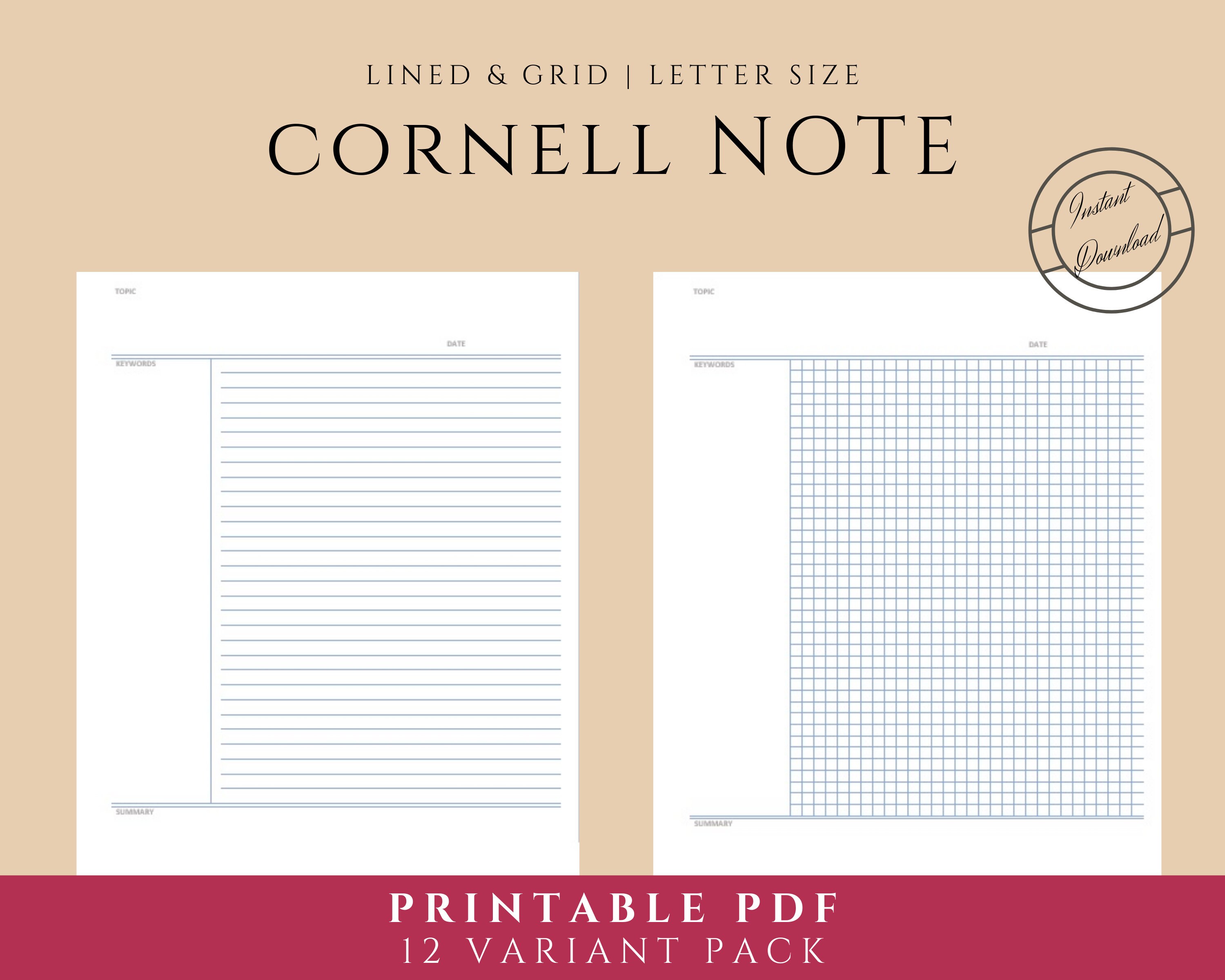 Cornell Note Template Letter Size Note Paper Printable Pack Student ...