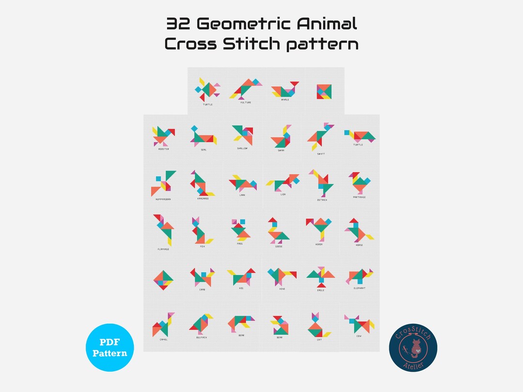 Geometric Animal Stitch Patterns, Set of 32 Geometric Animals Cross ...