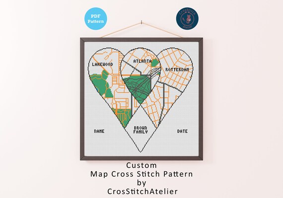 Custom Map Cross Stitch Pattern Wedding Gift Heart Map - Etsy