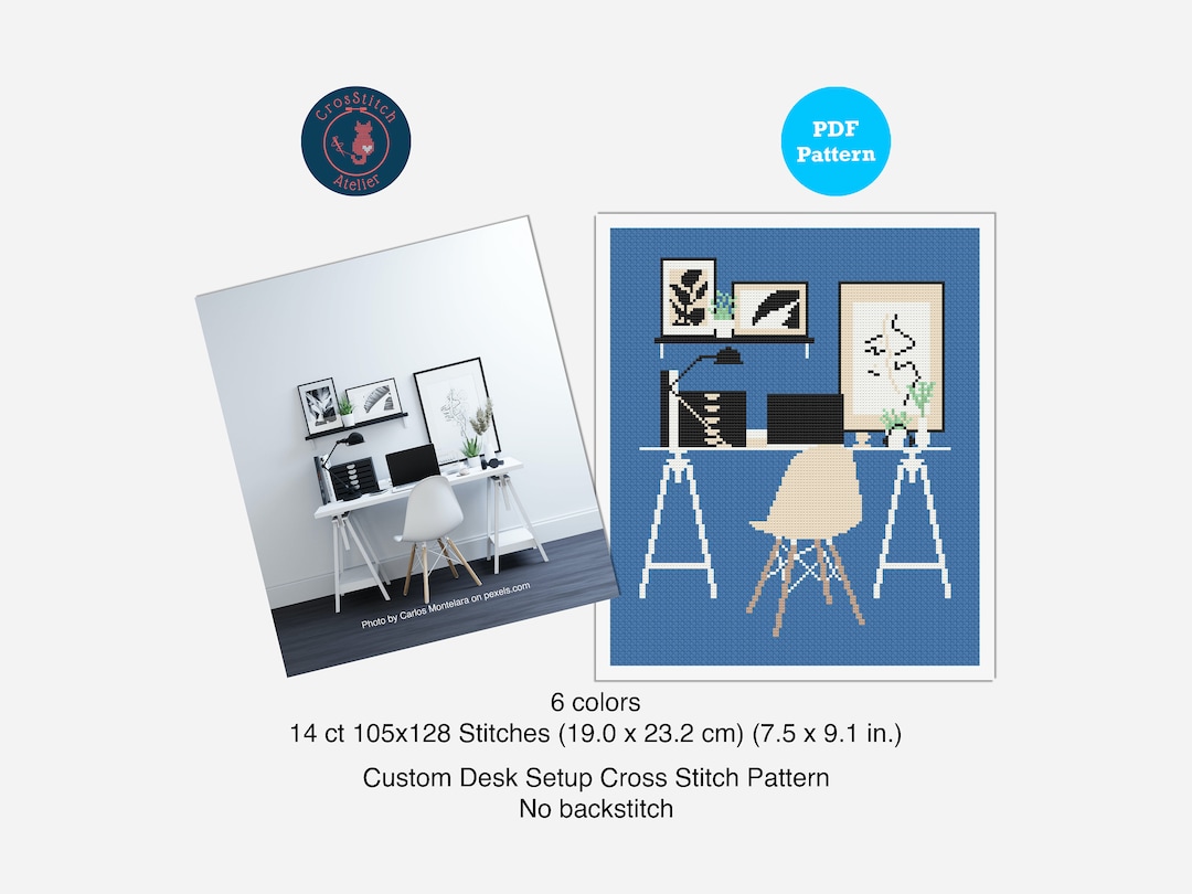 Desk Setup Cross Stitch Pattern, Desk Cross Stitch Pattern, Office ...