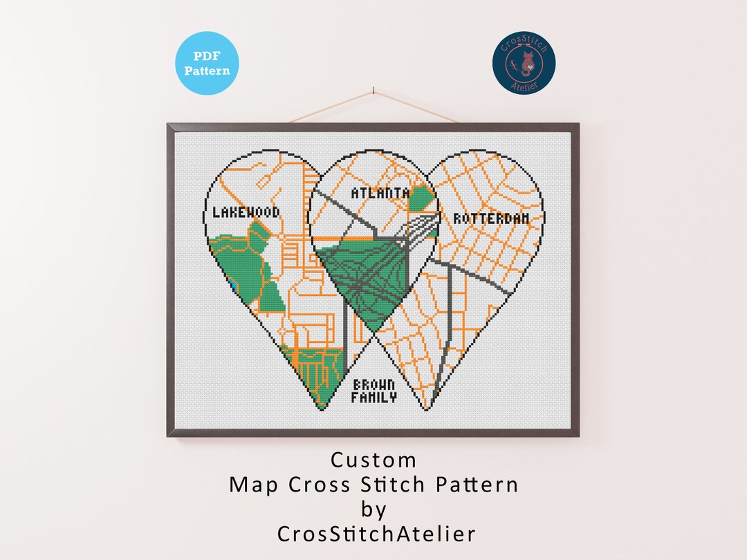Personalized Map Cross Stitch Pattern, Wedding Gift, Heart Map, Family ...