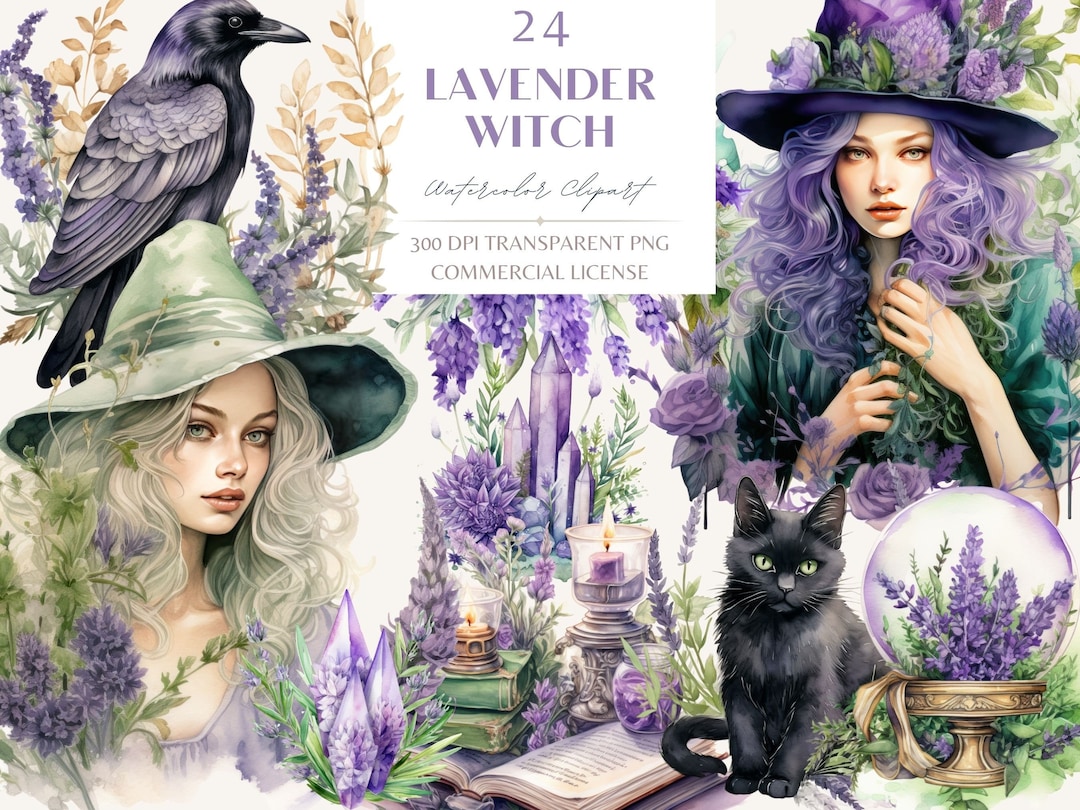 24 Lavender Witch Watercolor Clipart, Lavender Cat, Halloween Purple ...