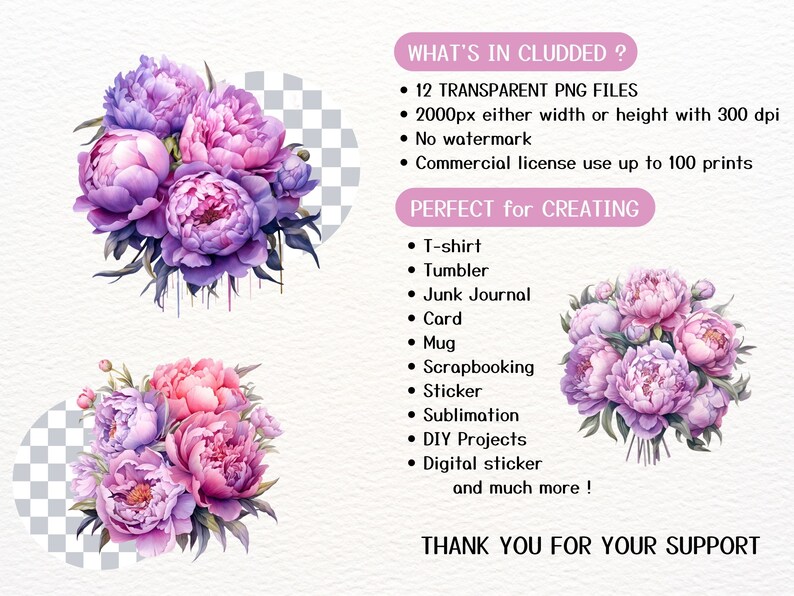 Lavender Pink Peonies Flower Bouquets Clipart, Watercolor Pink Floral ...