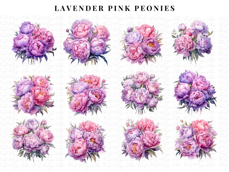 Lavender Pink Peonies Flower Bouquets Clipart, Watercolor Pink Floral ...